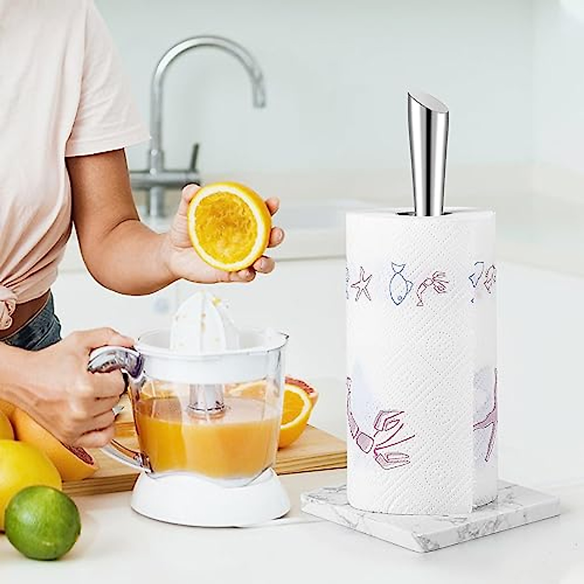 Welisya Marble Paper Towel Holder Silver Countertop,Standing Kitchen Paper Towel Holder Roll Holder- for Kitchen Bathroom Countertop, Standard Paper Towel Holder (with Marble Base)