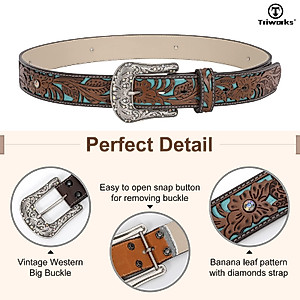 TRIWORKS Western Belts for Women Cowgirl,Cowboy Bling Country Turquoise Belts for Jeans Pants Dresses,B-Brown/Blue
