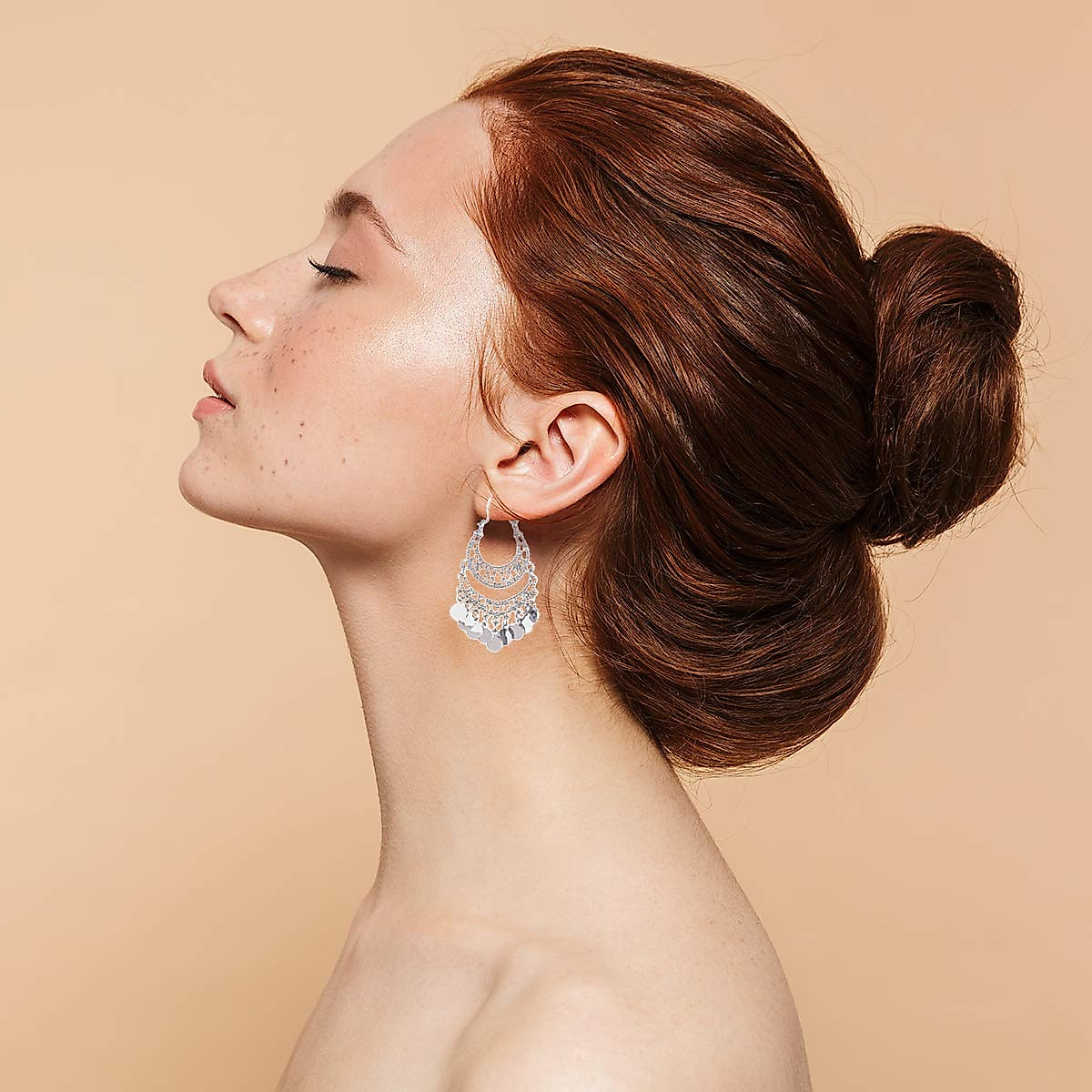 Bohemian Boho Chandelier Dangle Drop Earrings for Women – Lightweight Filigree Gypsy Coin Disc Tassel Charm Hoops – included Gift Box (Silver)