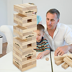 WIn SPORTS Giant Tumbling Timbers - Yard Games Large Wooden Tumble Tower Blocks Stacking Yard Game, with 1 Dice Set &Stacks to Over 5 FT,Made from Premium Pine (7.5"x2.5"x1.5", 54 PCS)