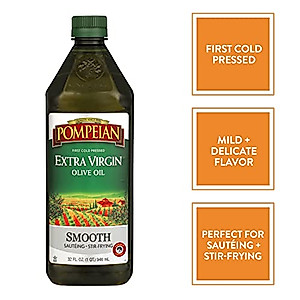 Pompeian Smooth Extra Virgin Olive Oil, Contains Polyphenols, First Cold Pressed, Mild and Delicate Flavor, Perfect for Sauteing & Stir-Frying, Naturally Gluten-Free, Non-GMO, 32 Fl Oz, Single Bottle