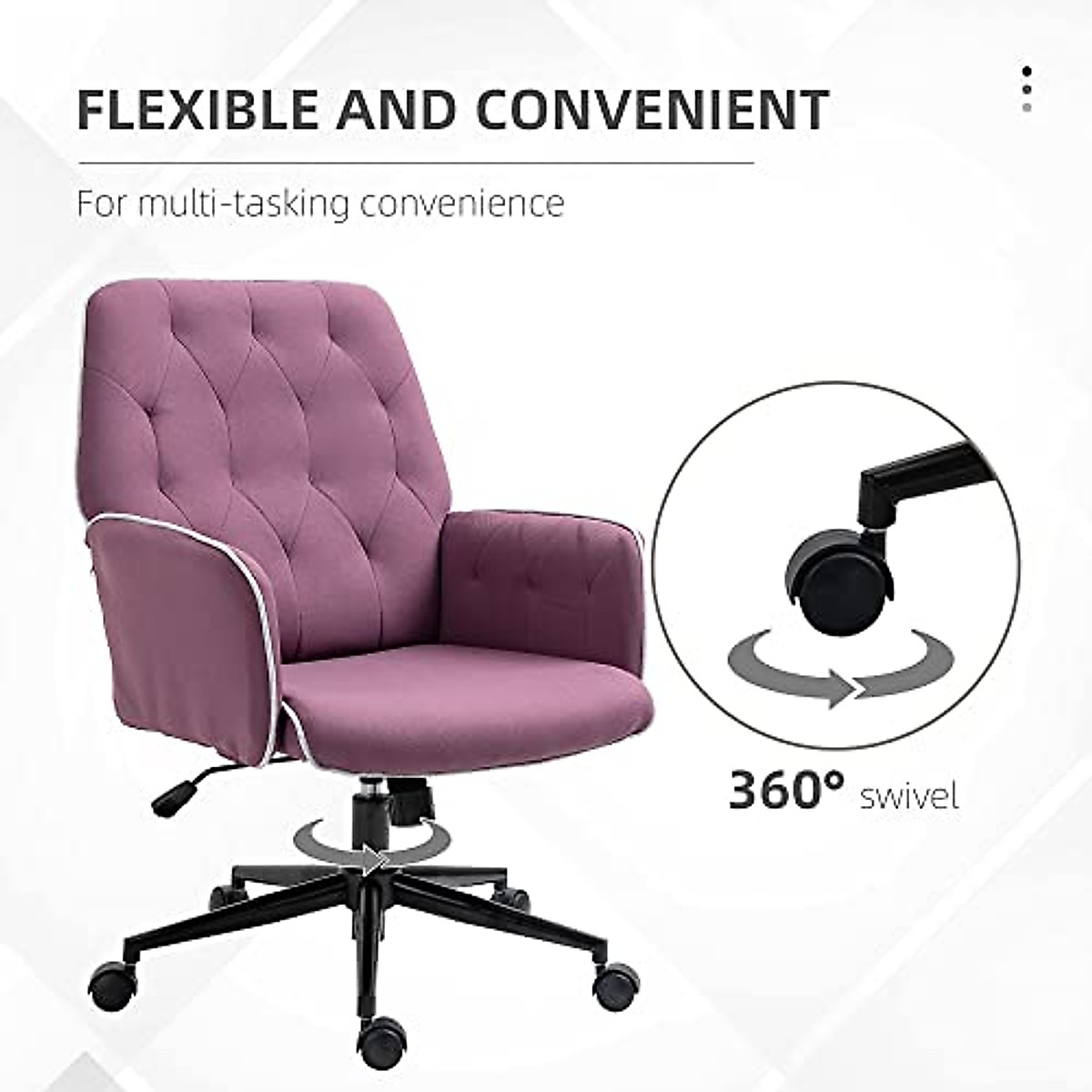 Vinsetto Modern Mid-Back Tufted Spandex Home Office Desk Chair with Adjustable Height, Swivel Adjustable Task Chair with Padded Armrests, Purple