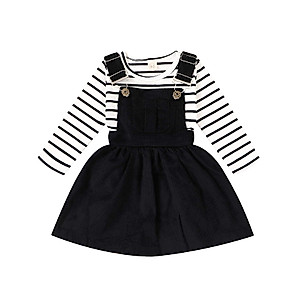 YOUNGER TREE Toddler Baby Girl Fall Outfit Long Sleeve Stripe T-shirt and Strap Dress Overall with One Pocket Clothes Sets (Black, 18-24 Months)