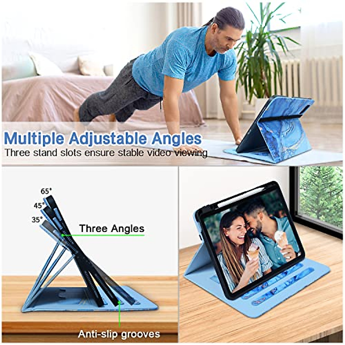 Zonefoker for New iPad Pro 12.9 Case 6th/5th/4th/3rd Generation 2022/2021/2020/2018, 12.9 inch ipad Pro Leather Folio Cover with Pencil Holder, Multi-Angle Viewing Stand, Auto Wake/Sleep, Marble Blue