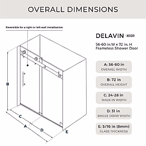 DELAVIN 56-60.in W x 72.in H Frameless Shower Door, Water Repellent Gold Shower Door with 5/16" (8mm) Clear Tempered Glass, Easy Sliding Showe Door with Explosion-Proof Film, Stainless Steel