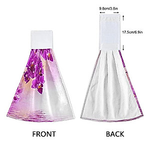 Vnurnrn Purple Florals Water Hanging Tie Towels Absorbent Hand Towel with Hook & Loop for Kitchen Bathroom 2 Pieces