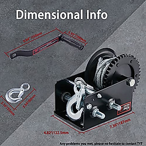 TYT 2000LB Boat Trailer Cable Winch with Heavy Duty Hook, 26ft Steel Cable Hand Crank Winch, Two Way Ratchet Ratio 4:1/8:1 Manual Gear Winch for Towing Lifting Boat Trailer Truck RV ATV Jet Ski Winch