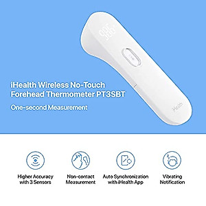 iHealth Wireless No-Touch Thermometer for Adults, Digital Infrared Fever Thermometer for Home, Thermometer for Babies & Kids with 3 Sensors, Bluetooth Forehead Thermometer with Gentle Vibration Sensor