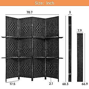 4-Panel Room Diviver Privacy Screen,Wooden Screen Folding Portable Partition Screen with Removable Storage Shelves,Indoor Partition Wall Dividers Freestanding Partition Screens for Home Office(Black)
