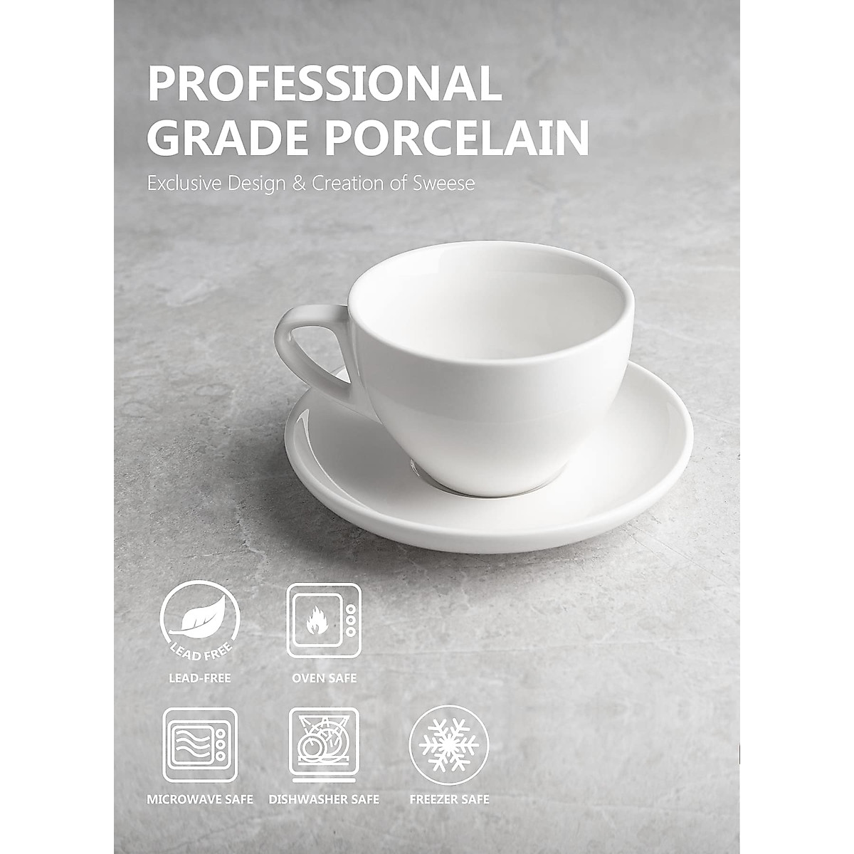 Sweese 6 Ounce Cappuccino Cups with Saucers, Porcelain Double Espresso Cups Set of 6 - White