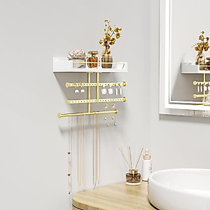Josmimic Adhesive Wall Jewelry Organizer: 9" Holder for Hanging Necklace, Earring, Bracelet, Gold and White