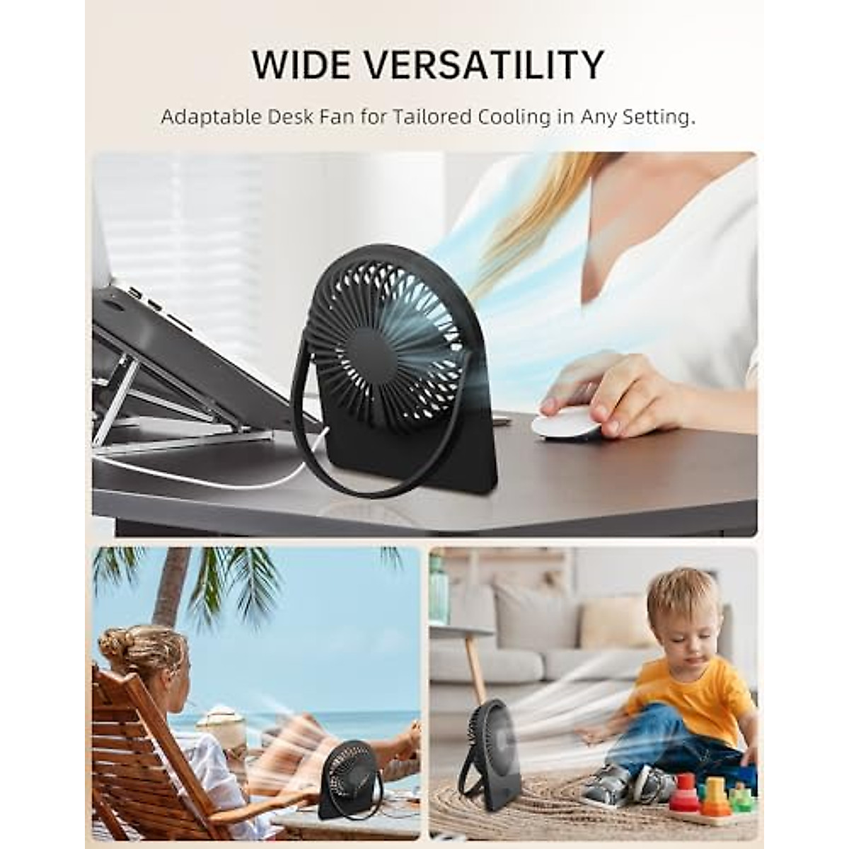 buywoo Portable USB Desk FAN, USB-A Corded Powered Small Personal Fan with 3-speed, Hangable Mini Foldable Desktop Fan with Strong Wind, Ultra Quiet for Home, Office, Desktop, Black