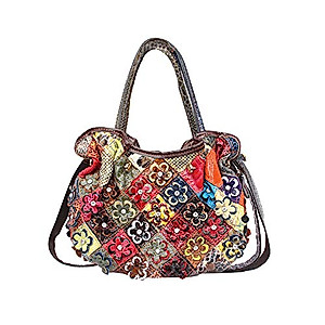 Segater® Women’s Multicolor Floral Crossbody Bag, Vintage Cowhide Genuine Leather Handbag 3D Snake Pattern Shoulder Bag Ladies Travel Top-Handle Bag Patchwork Colorful Purses