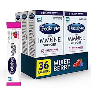 Pedialyte with Immune Support, 36 count, Electrolytes with Vitamin C and Zinc, Advanced Hydration with PreActiv Prebiotics, Mixed Berry, Electrolyte Drink Powder Packets