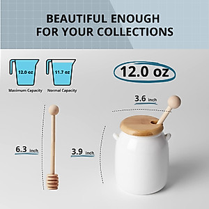 LIFVER Honey Jar with Wooden Dipper and Lid, Cute Ceramic Honey Bee Pot for Storage, Honey Pot with Handle for Sugar, Jam and Salsa, Birthday Housewarming Christmas Gift - 12 Ounce, White