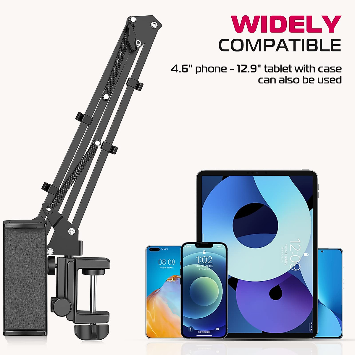 ULANZI T2 Adjustable Tablet Holder for Desk, Carbon Steel Tablet Phone Stand for Bed, Flexible Tablet Arm Clamp Compatible with iPhone 16 15 Pro iPad Kindle Galaxy Tab 4.6-12.9 Inch Devices