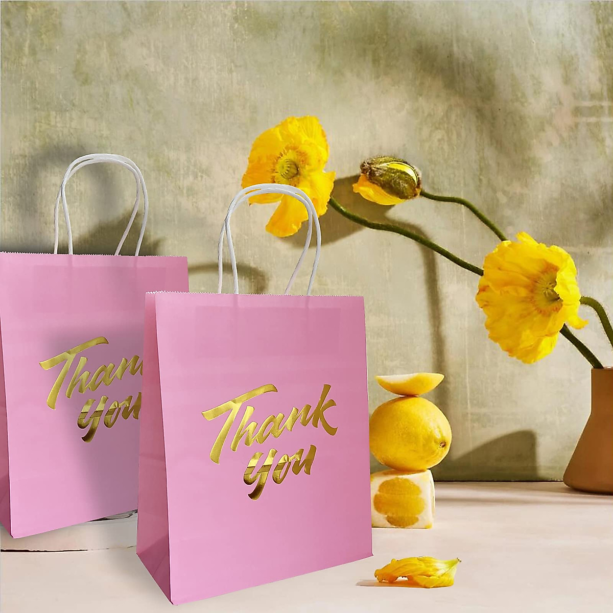 XIAMUY 50Pcs Gift Bags Medium, 8x4.25x10 Inch Paper Bags For Gifts, Thank You Gift Bags With Handles, Pink Shopping Bags, Paper Gift Bags For Christmas, Holiday, Business