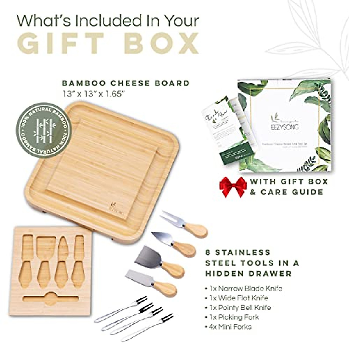 Bamboo Cheese Board and Knife Set - Includes a Secret Drawer with Stainless Steel Fork and Cheese Knife Set for Charcuterie Board Party Serving Tray - Thoughtful Wedding Anniversary Housewarming Gifts