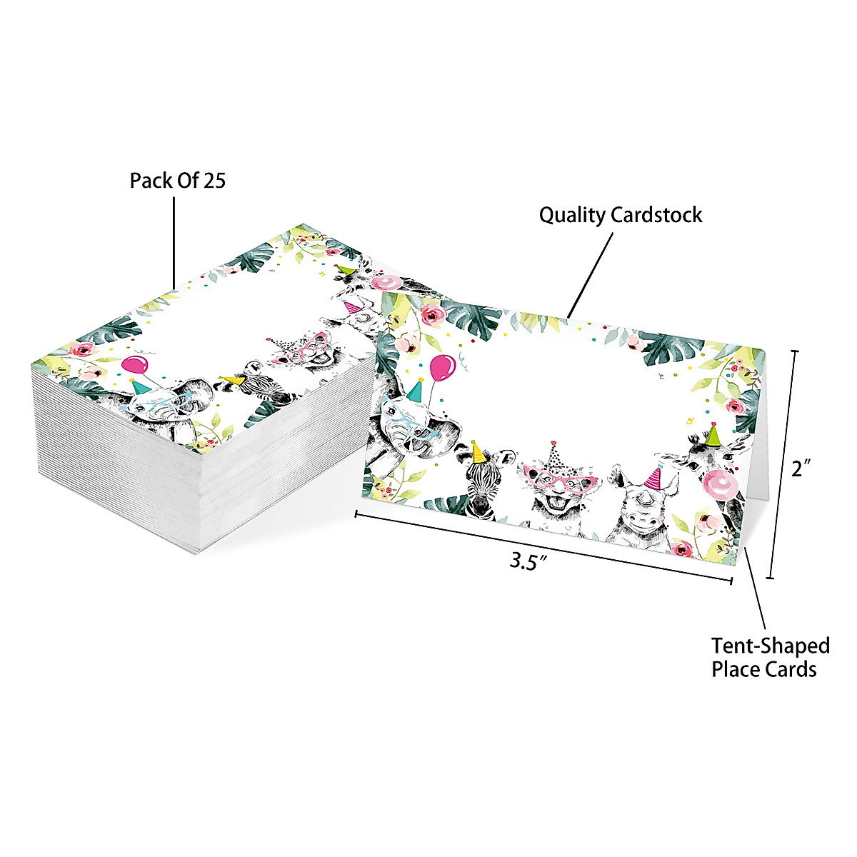 Table Place Card, Jungle Safari Animals Themed Tent Style Cards, Pack of 25 Half-Fold Reception Place Card, Wild Animal Food Labels, Perfect for Baby Shower, Birthday Party(C02)