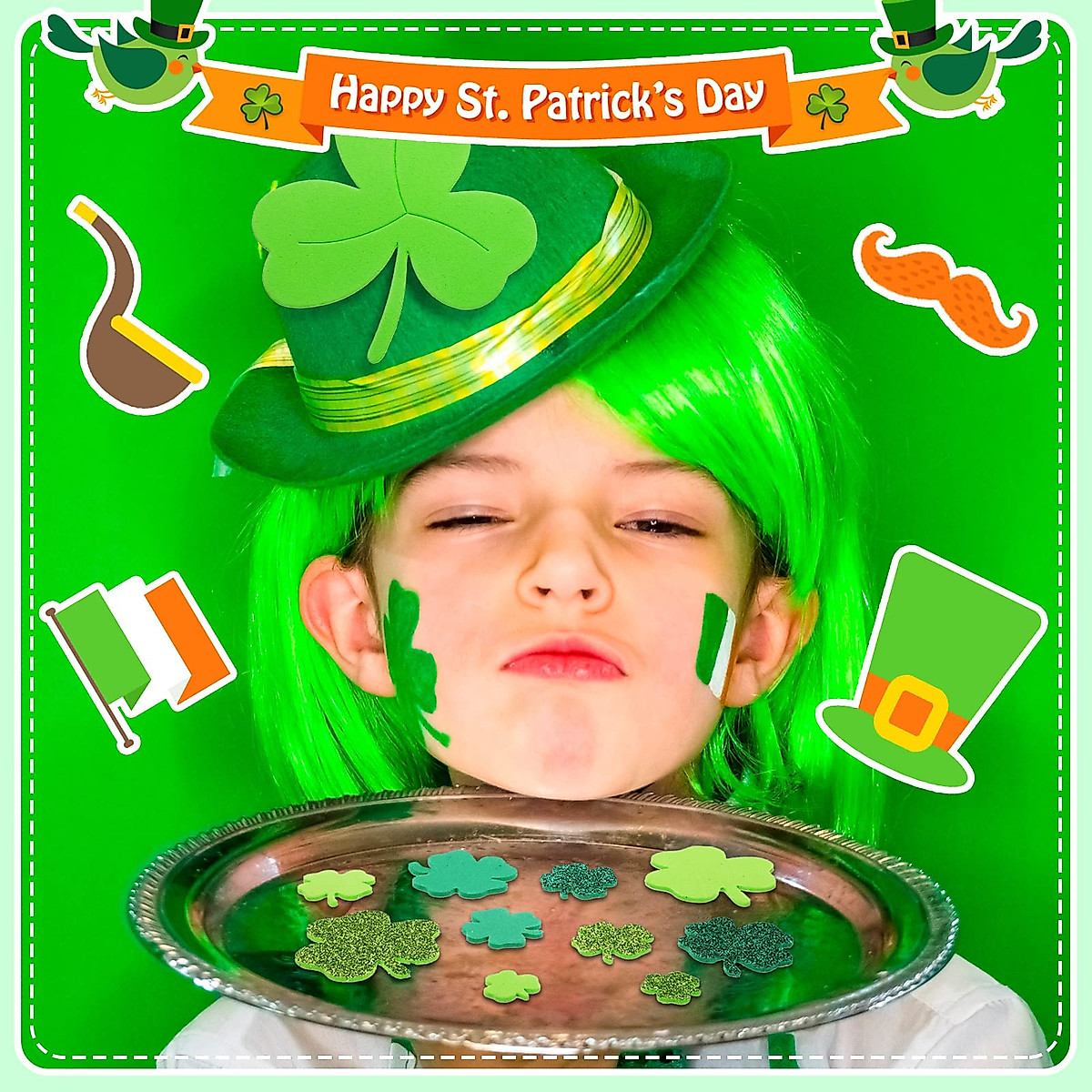 428 Pieces St. Patrick's Day Craft Shamrock Foam Stickers Supplies Glitter Shamrocks Stickers Self Adhesive Foam Clover Stickers for DIY Kids Toddlers Adults Party Favors