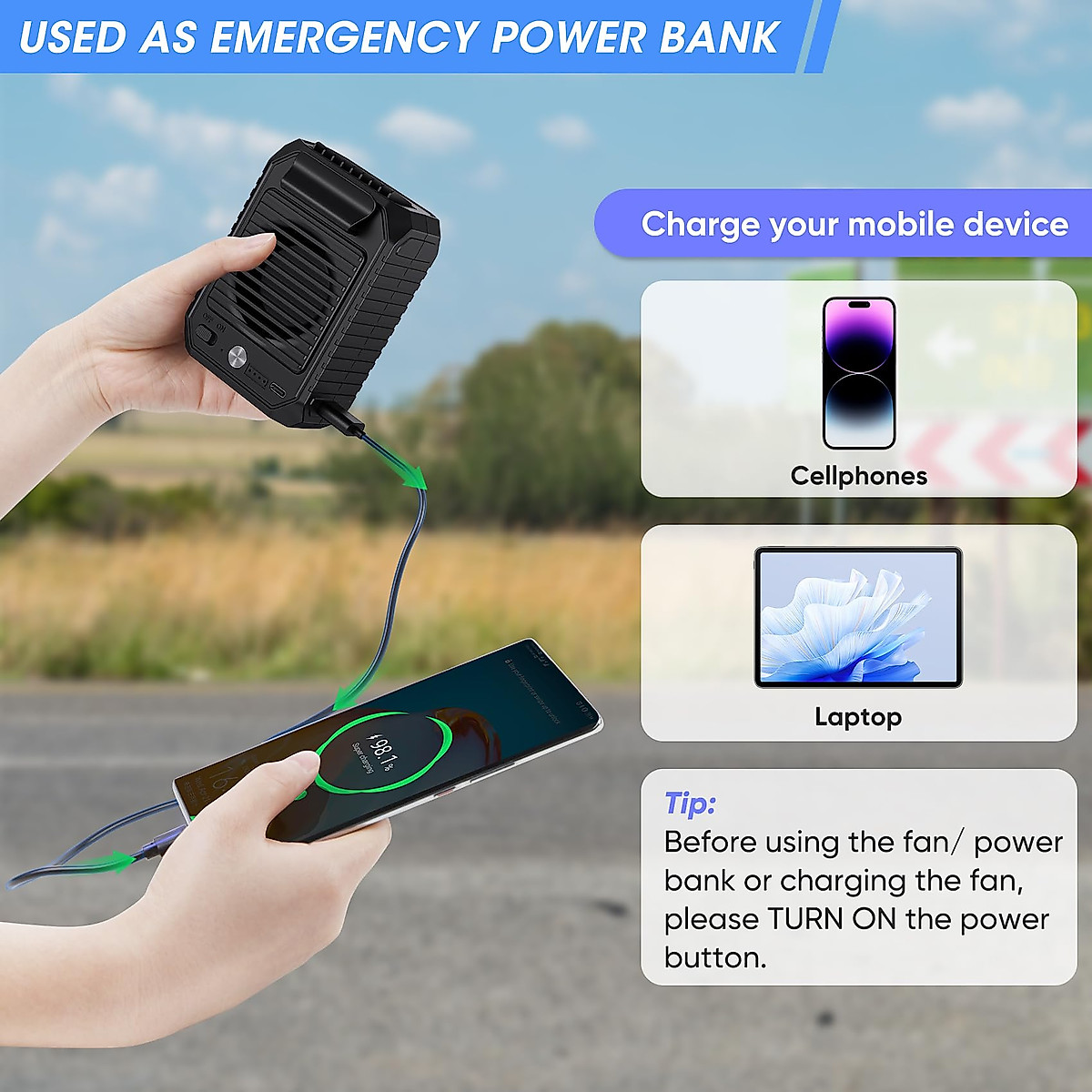 Portable Waist Clip Fan, 10000mAh Battery Powered Hands-free Cooling Body Fan with Max 24H Working Time & 3 Speeds 6500RPM Strong Airflow, Wearable Belt Personal Fan for Outdoor