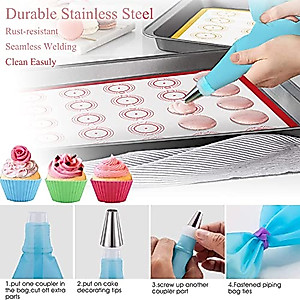 Silicone Baking Mat Macaron Baking Kit, Macaroon Baking Mat Set of 2 Half Sheet Nonstick Baking Mats, 6 Piping Tip, 2 Piping Bag and 2 Tie - Reusable Nonstick Liners for Baking Pans(16.5"x11.6")