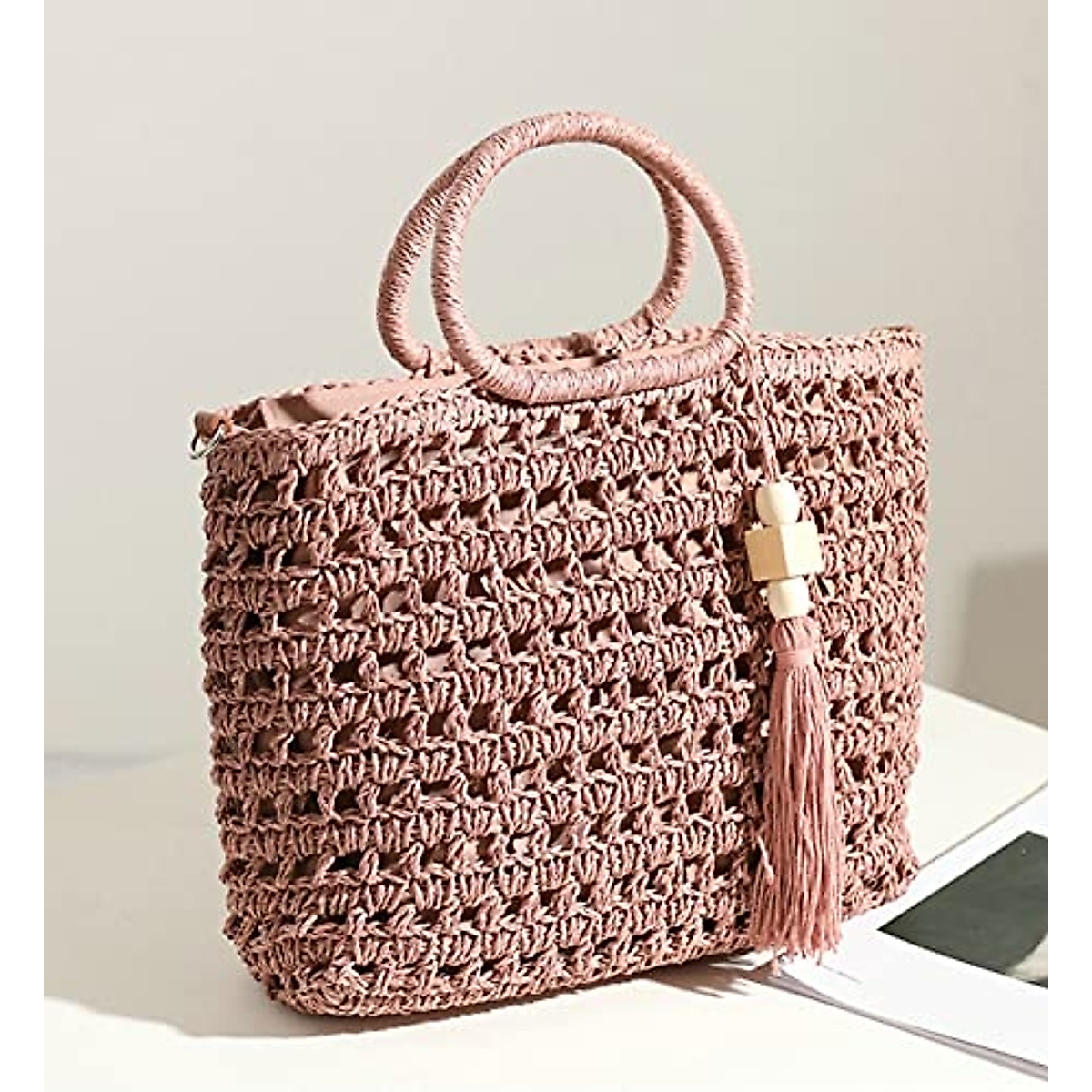 Straw Woven Handbag for Women Lightweight Casual Straw Crossbody Bag Purse Handmade Straw Tote with Tassel