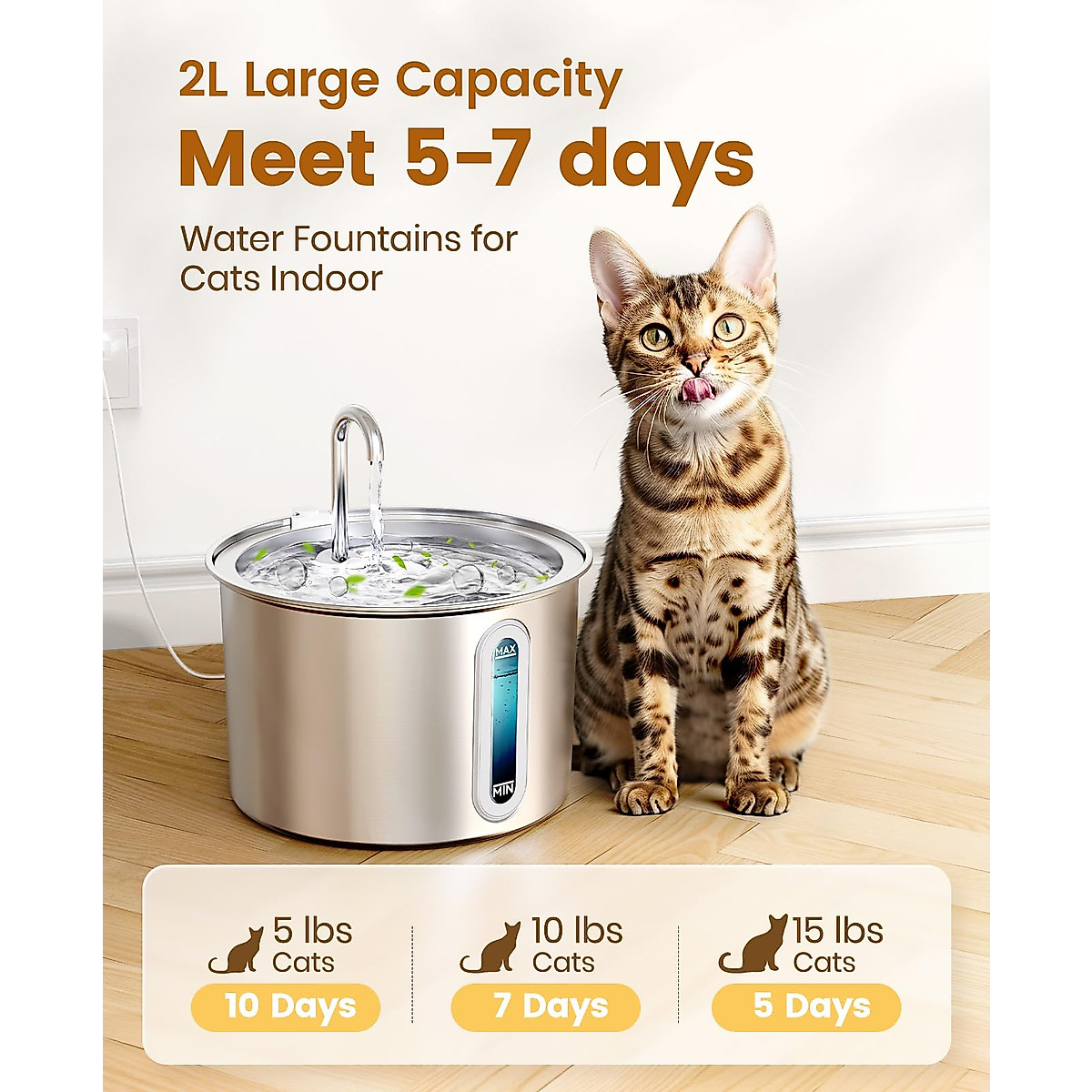 oneisall Stainless Steel Cat Water Fountain, 2L Water Fountains for Cats Indoor Dishwasher Safe with Quiet Pump and 3 Replacement Filters, Automatic Pet Water Fountain Faucet Spout Design