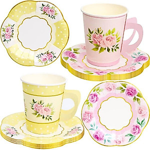 ceiba tree Floral Paper Disposable Tea Cups with Handle and Saucers Tea Party Decorations Favors 24 Sets for Girls Women Flower Birthday Baby Shower Wedding Party Supplies