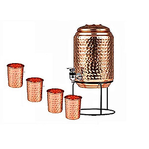Pure Copper Hammered Water Dispenser Storage Water Tank with Tap and Set of 4 Copper Glass | Water Pot | Copper Water Storage Tank | 6.5 LTR Capacity | 218 Oz