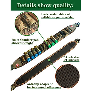 Underalert Shotgun Sling 12 Gauge with 15 Shell Holders, Adjustable Gun Sling with Thumb Loop and Built-in Swivels, 12ga Shotgun Strap for Hunting Turkeys, 2 Point Shot Gun Bandolier (Waterfowl Camo)