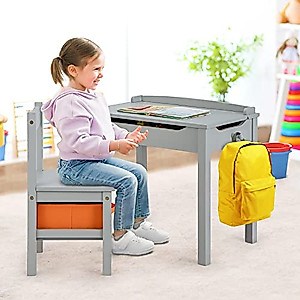 HONEY JOY Kids Table and Chair Set, Wooden Lift-Top Desk & Chair with Storage, Safe Hinged Lid, Activity Table Set for Craft Art, 2-Piece Children Furniture Set for Daycare, Kindergarten (Gray)