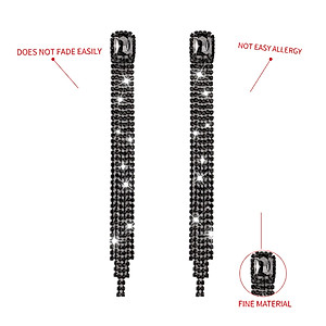 Xerling Long Rhinestones Tassel Earrings Bridal Black Chandelier Fringe Bohemian Earrings for Women Sparkling Crystal Dangle Drop Earrings for Girls (Black)