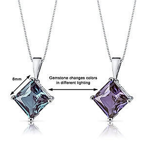 PEORA Created Alexandrite Pendant for Women 14K White Gold, Classic Solitaire, Color-Changing 3 Carats Princess Cut, 8mm