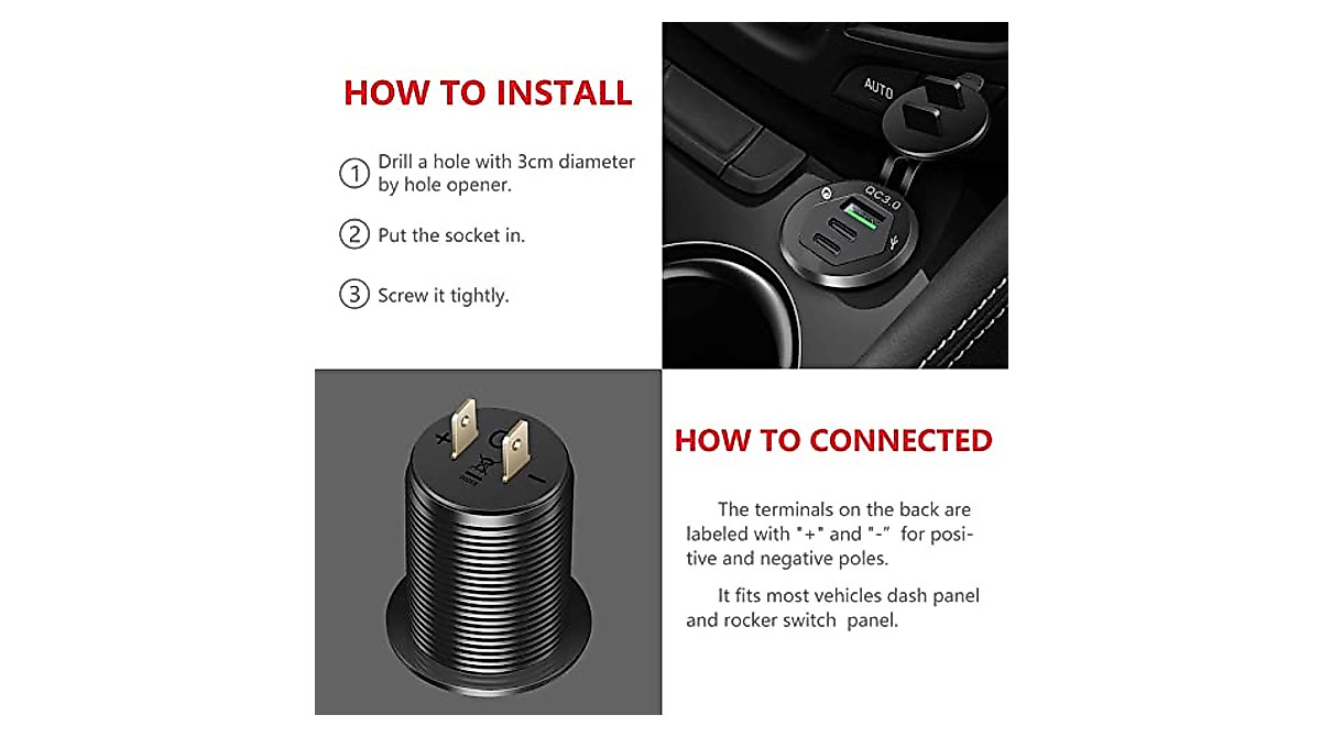 USB C Car Charger Socket, 12V USB Outlet with 18W Dual PD Ports & 18W ...