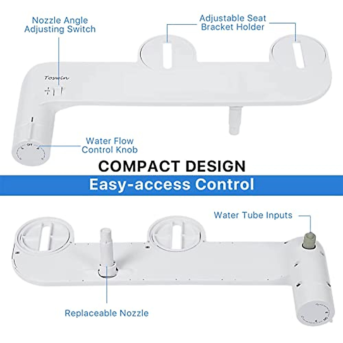 Toswin Bidet Attachment For Toilet - Self Cleaning & Replaceable Nozzle (2 Pack) Bedette To Add For Toilet, Adjustable Water Pressure And Angle Baday or Buday Toilet Seat Attachment