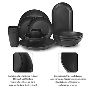 Lazycorner 48-Pcs Kitchen Wheat Straw Dinnerware Set, Service for 8, Plastic Reuasble Dinner Dishes Serving Plate Set for Kitchen, Including Dinner Plate, Dessert Plate, Bowl, Cup(Black)