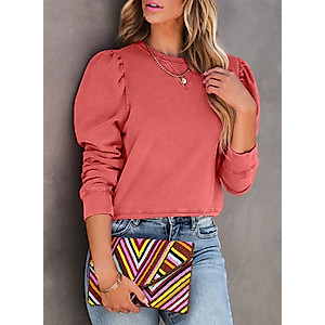 Dokotoo womens sweatshirts Casual Long Puff Sleeve Pullover Crew Neck Cute Tops Solid Color Relaxed Fit Red Shirts X-Large