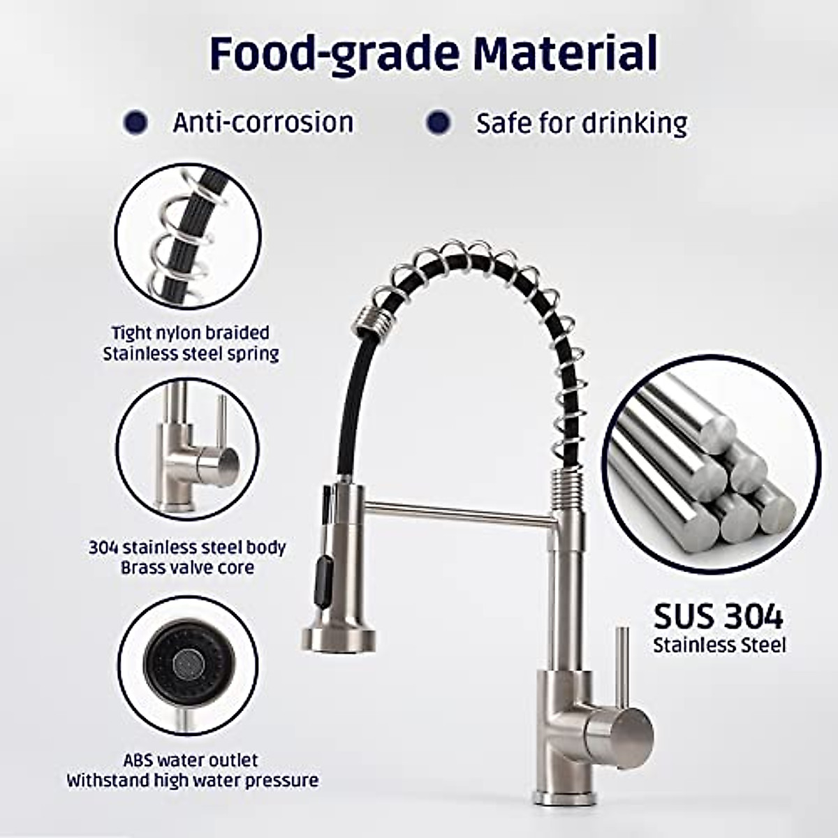 Allkorma Kitchen Faucet with Pull Down Sprayer, Commercial Spring Faucet for Sink, Brushed Nickel, SUS 304 Stainless Steel, Single Handle, 17.6"