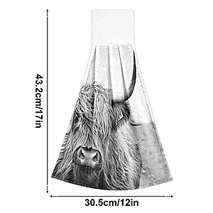 Qilmy Hand Towels Set of 2, Absorbent Hanging Towels with Loop & Hook, Dishcloths Wash Cloth for Kitchen Bathroom, Highland Cow