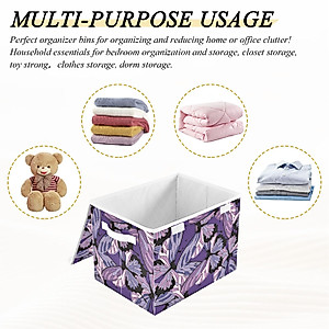 FOLIOSA Storage Boxes Butterflies Purple collapsible Flip-top locker Fabric Storage Bins with Handle for Home Bedroom Closet Office 16.5×12.6×11.8 in
