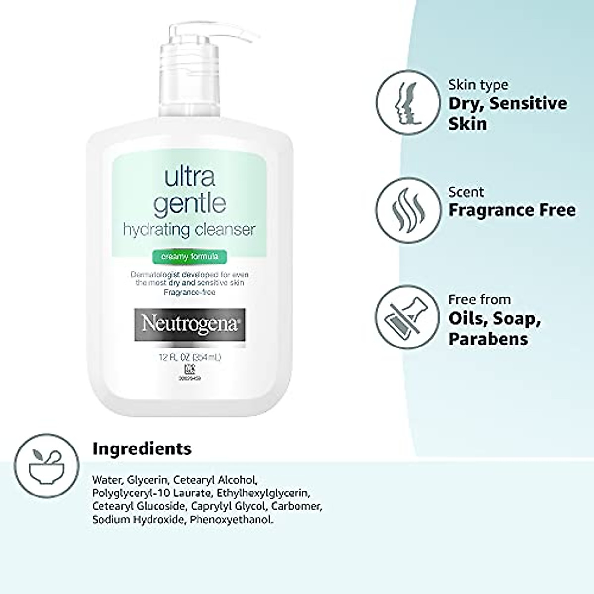 Neutrogena Ultra Gentle Hydrating Daily Facial Cleanser for Sensitive Skin, Acne, Eczema & Rosacea, Oil-Free, Soap-Free, Hypoallergenic & Non-Comedogenic Creamy Face Wash, 12 fl. oz