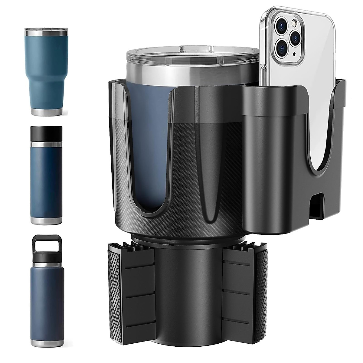OUSHASAA 2-in-1-Car-Cup-Holder-Expander-Adapter with Phone Holder Adjustable Base Fits Most Cup Holder and Phones, Compatible for HydroFlask, Yeti, Nalgene, Large 32/40 oz Bottles in 3.2"-3.8" (1pcs)