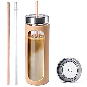 Kodrine 24 oz Glass Water Tumbler with Straw and Lid, Wide Mouth Water Bottle, Straw Silicone Protective Sleeve BPA FREE-Amber