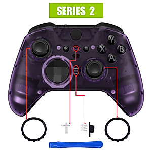 eXtremeRate Clear Atomic Purple Replacement Faceplate Cover for Xbox One Elite Controller Series 2 (Model 1797), Custom Front Housing Shell Case & Accent Rings for Xbox Elite Series 2 Core Controller