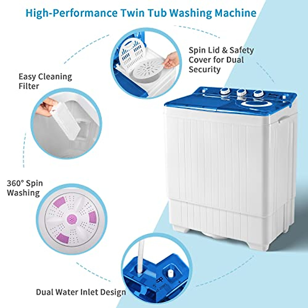 Winado 26LBS Portable Washing Machine, Compact Mini Washer Machine & Dryer Combo, Built-in Gravity Drain, Small Twin Tub Washer with Spin Cycle for Laundry Room, Apartments, Dorms, RV's (Blue)