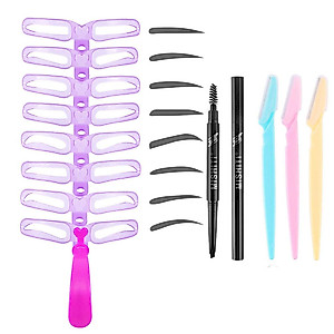 12 PCS Eyebrow Stencils - Eyebrows Shape Reusable with Eyebrow Razors and Pencil, Eye Brow Shaping Template Stamp Kit with Handle and Strap Washable DIY Makeup Tools