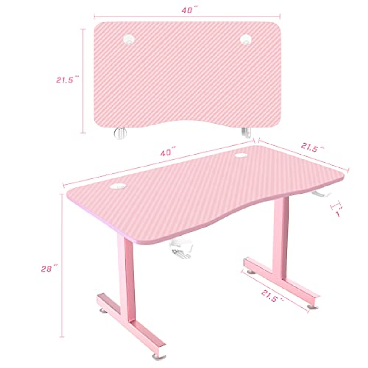 Vitesse Pink 40 Inch Cute Kawaii Computer Gaming Table T Shaped Girl Gamer Workstation Home Office Desk with Carbon Fiber Surface and Headphone Hook