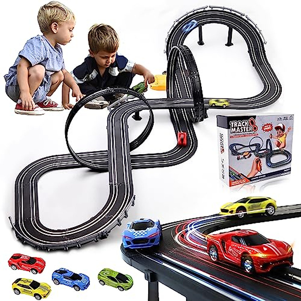 Slot Car Race Track Sets Toys for Kids with 4 Slot Cars & 22 FT Dual Racing Game Lap Overpass Track, High-Speed Race Car Track Toys for Boys, Gifts for 5 6 7 8 9 10 11 12+ Boys Girls