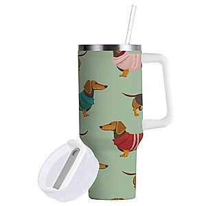 Jihqo Cute Dachshunds 40 oz Stainless Steel Vacuum Insulated Tumbler with Handle and Straw Lid, Leakproof Water Bottle Double Wall Travel Mug Coffee Cup, Cupholder Friendly